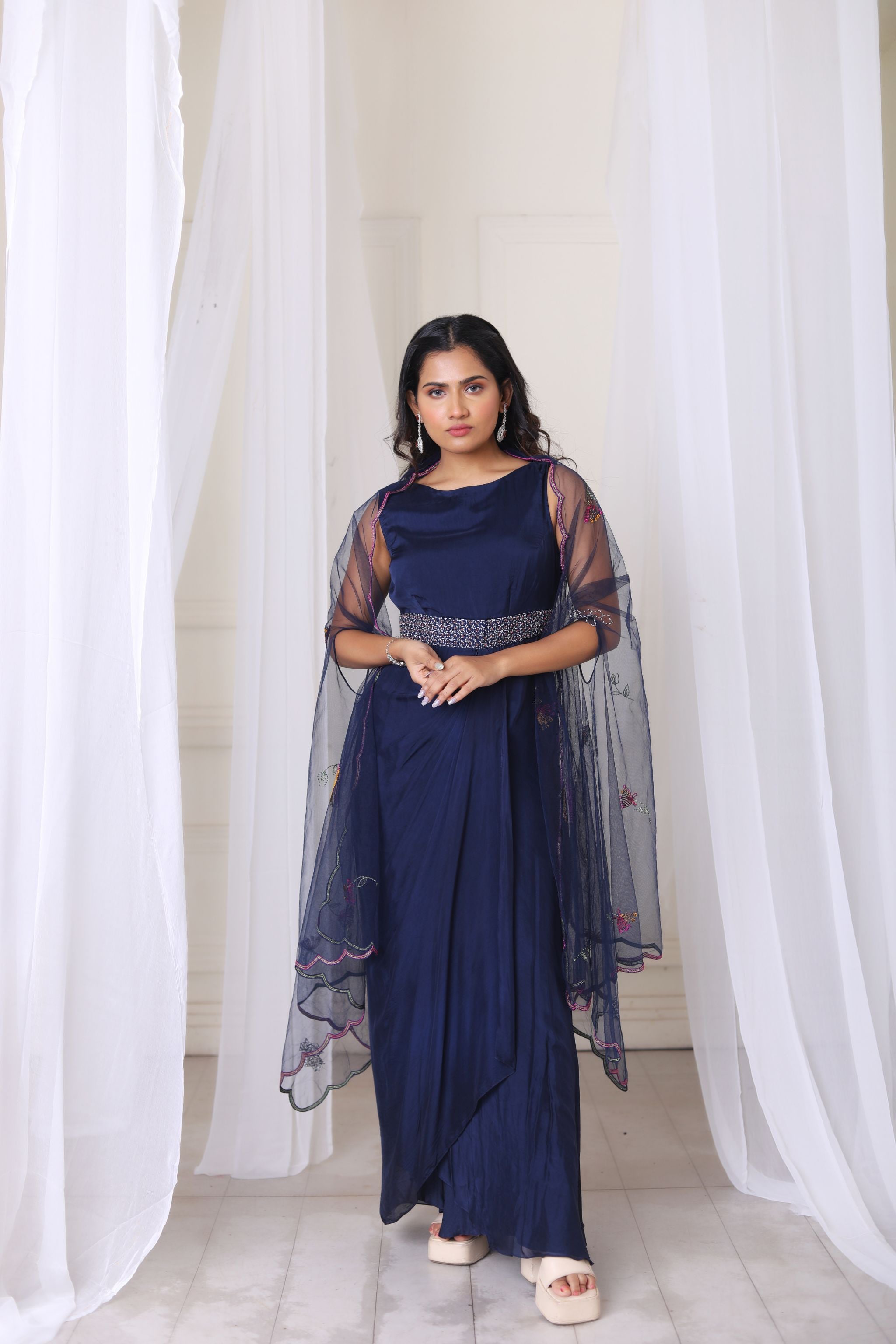 Cape Style Navy Blue Ethnic Dress - Hand Embroidered | Samad Atelier