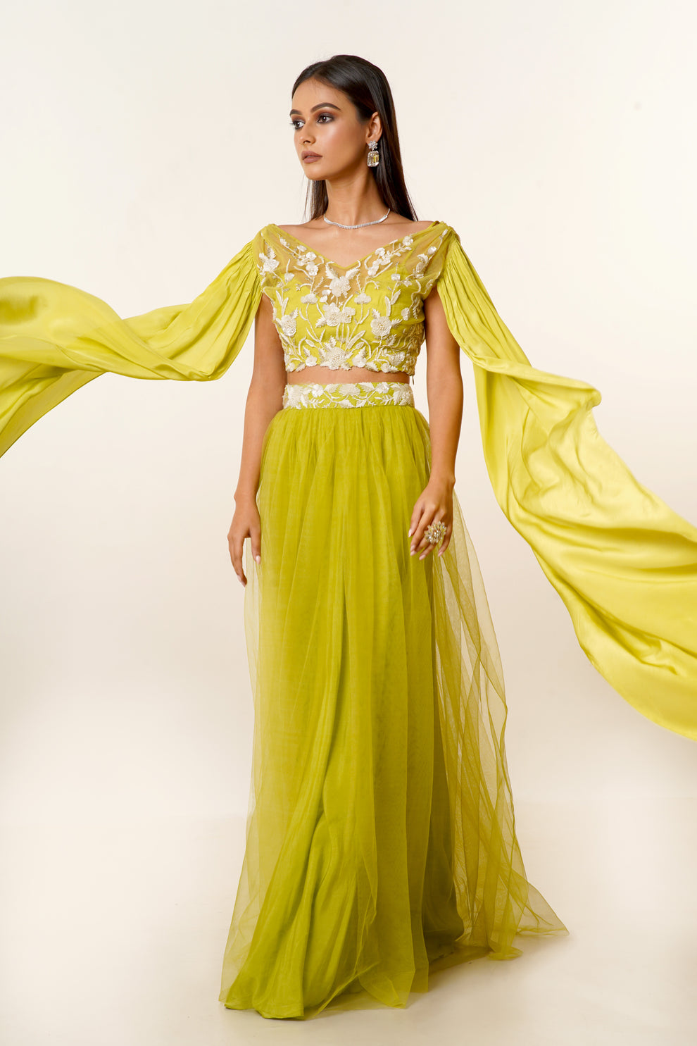 Neon Green Hand Embroidered Net Blouse & Skirt Set – Samad Atelier